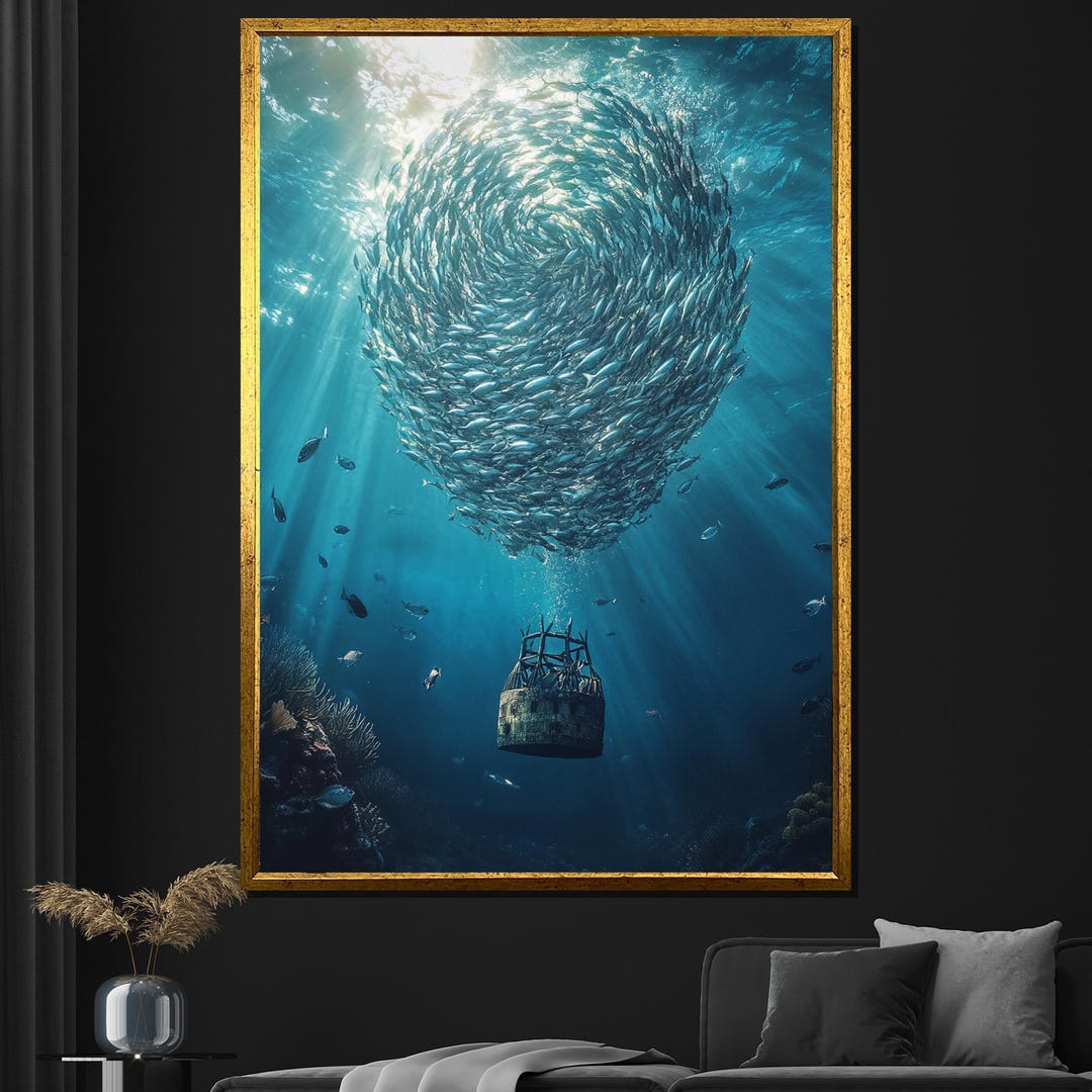 Underwater Fish Swarm Canvas Painting, Ocean Deep Sea Wall Art, Unique ...