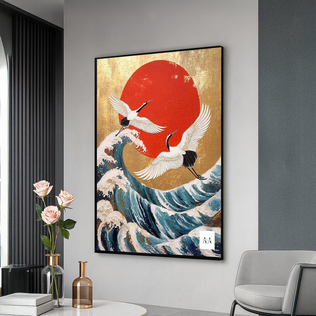 Japanese Crane Painting Canvas, Red Sun Wall Art, Ocean Wave Canvas ...