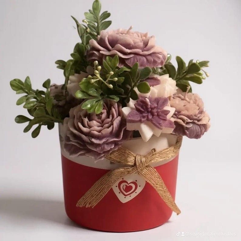 Heart Charm Two Tone Planter With Custom Scented Beeswax Candle Flowers ...