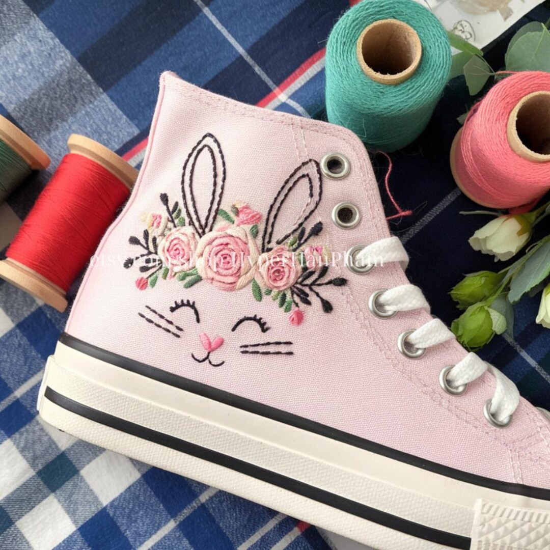 Hand-embroidered Bunny Converse Shoes – Custom High Top Sneakers Unique ...