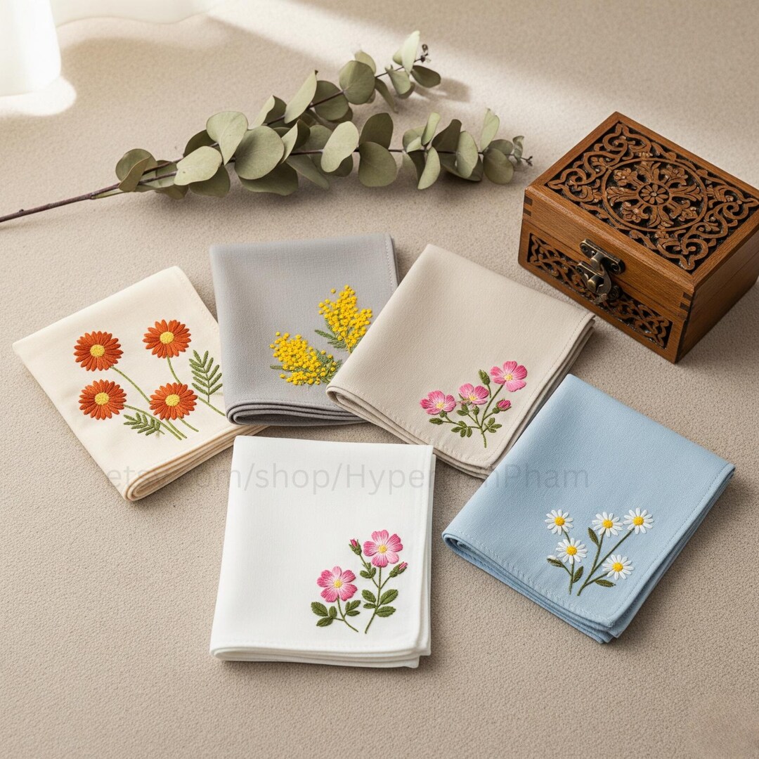 Floral Embroidered Handkerchief Set - Handmade Cotton Hankies With ...
