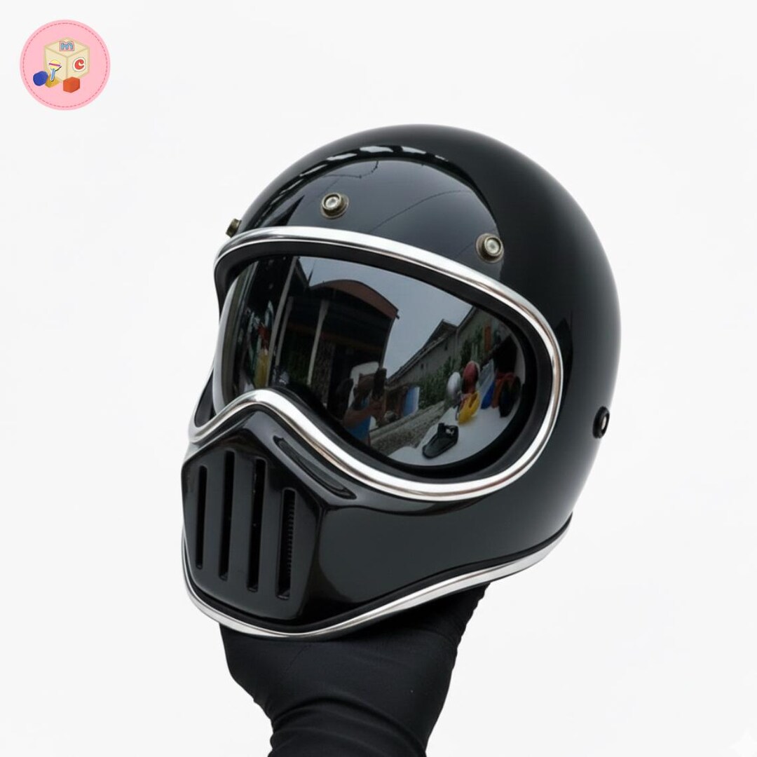 Helmet Custom M30 Style Retro Full Face Motorcycle Black Glossy Vintage ...