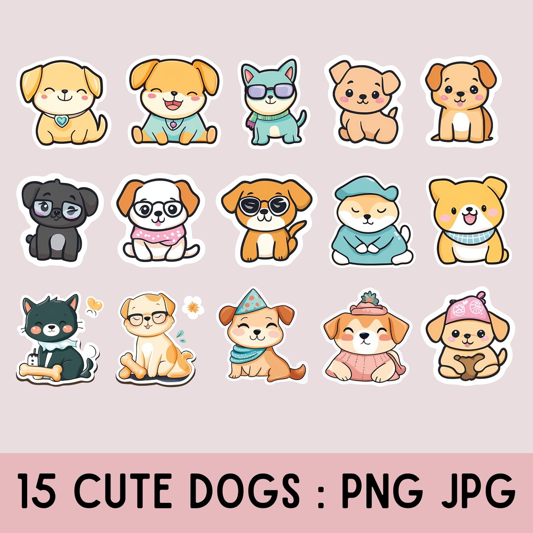 Kawaii Dog Sticker PNG Bundle: Cute Puppy Clipart, Funny Dog Graphics ...