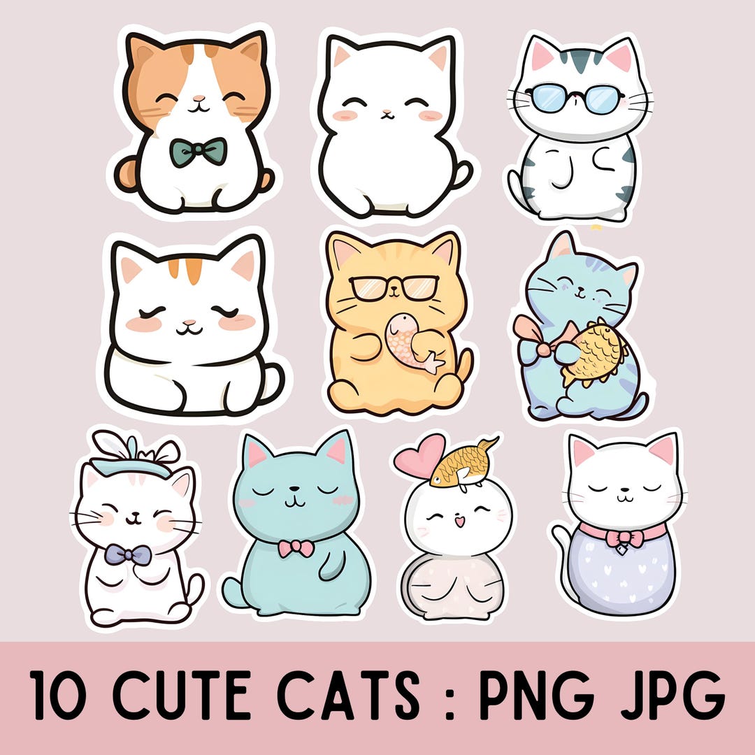 Kawaii Cat Sticker PNG Bundle: Cute Animated Cats Clipart, Funny Kitty ...