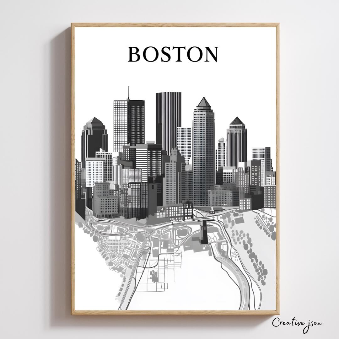 Boston Wall Art Poster – Boston City Skyline Print, Modern Cityscape ...