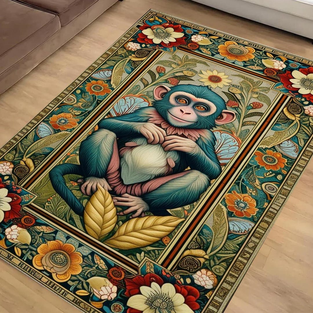 Botanical Monkey Rug, Forestcore Boho Cottagecore Animal Decor, Floral ...