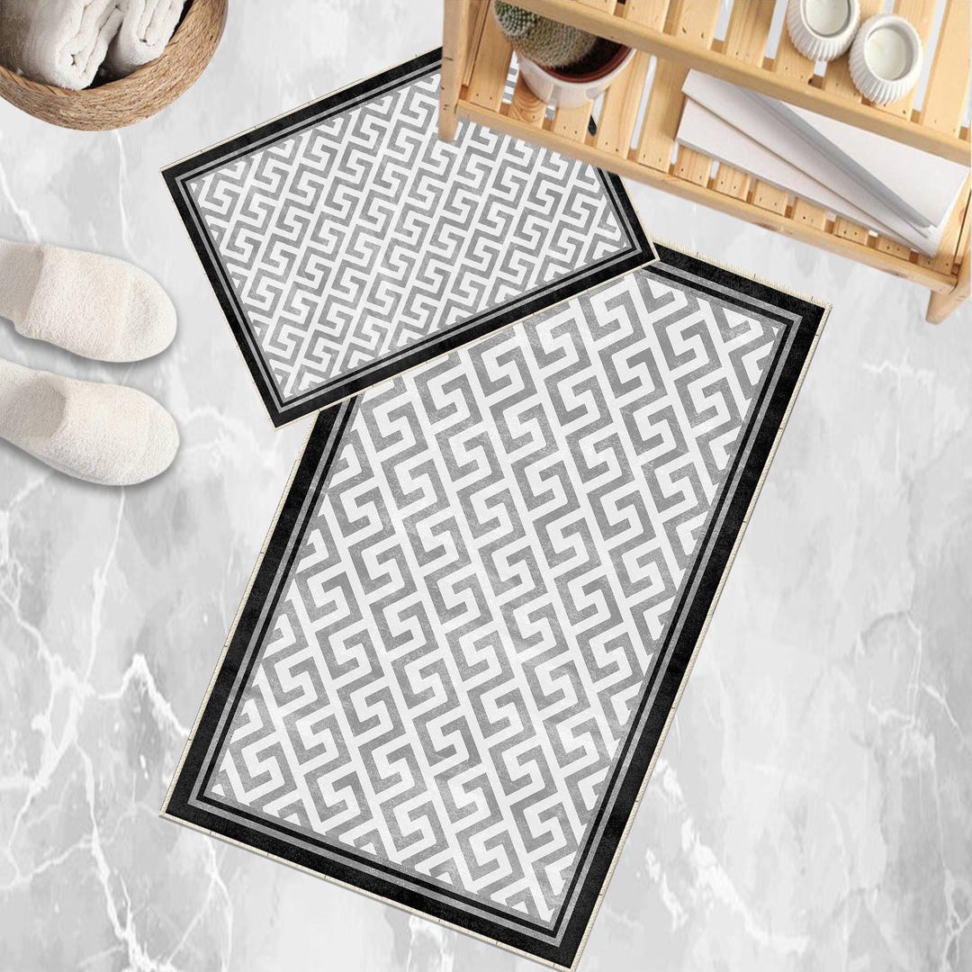 Gray Greek Key Bathroom Rug - Non Slip Quick Dry Bath Mat, Black Border ...