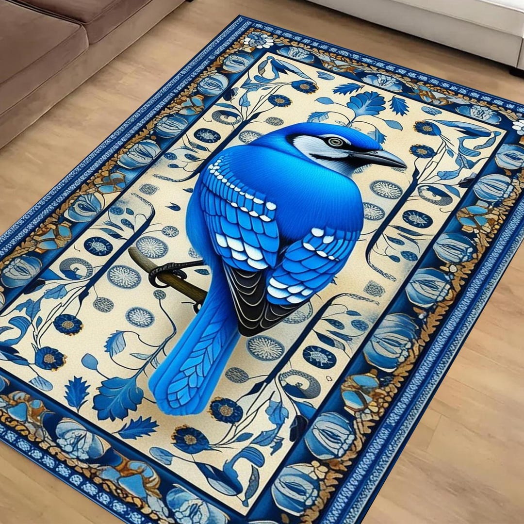 Blue Bird Rug With Floral Pattern - Animal Nature Rug, Decorative ...
