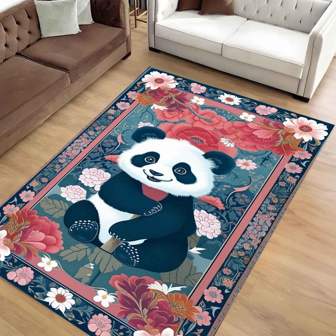 Vintage Art Deco Panda Rug: Bright Flowers, Maximalist Aesthetic - Etsy