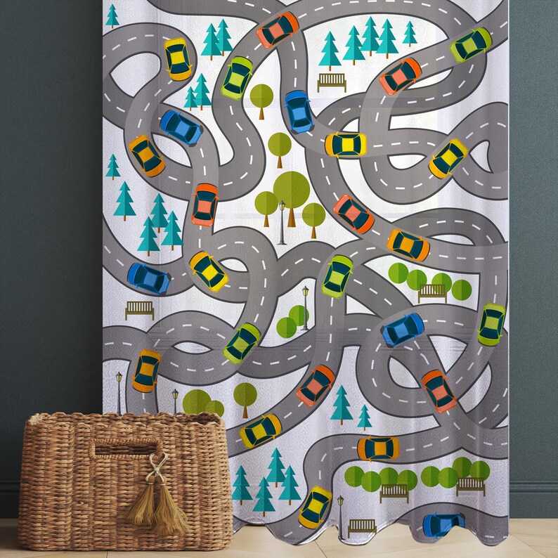 City Road Map Sheer Curtain for Kids Room, Lightweight Traffic Car ...