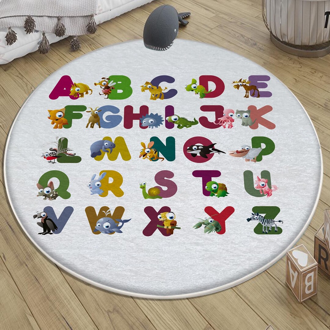 Round Alphabet Letters Nursery Kids Room Rug, Cute Educational Rug Gift ...