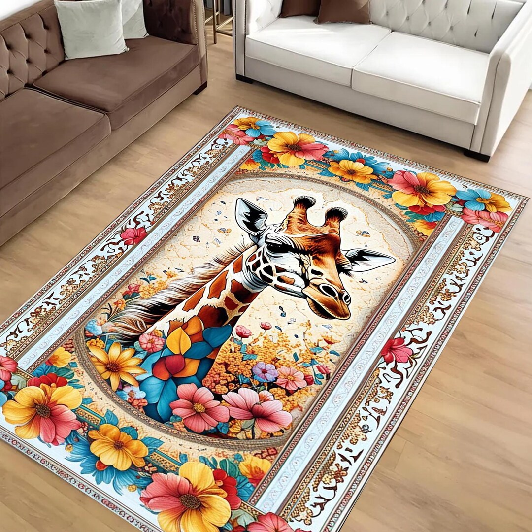 Vibrant Giraffe Rug With Floral Persian Style Perfect for Nursery or ...