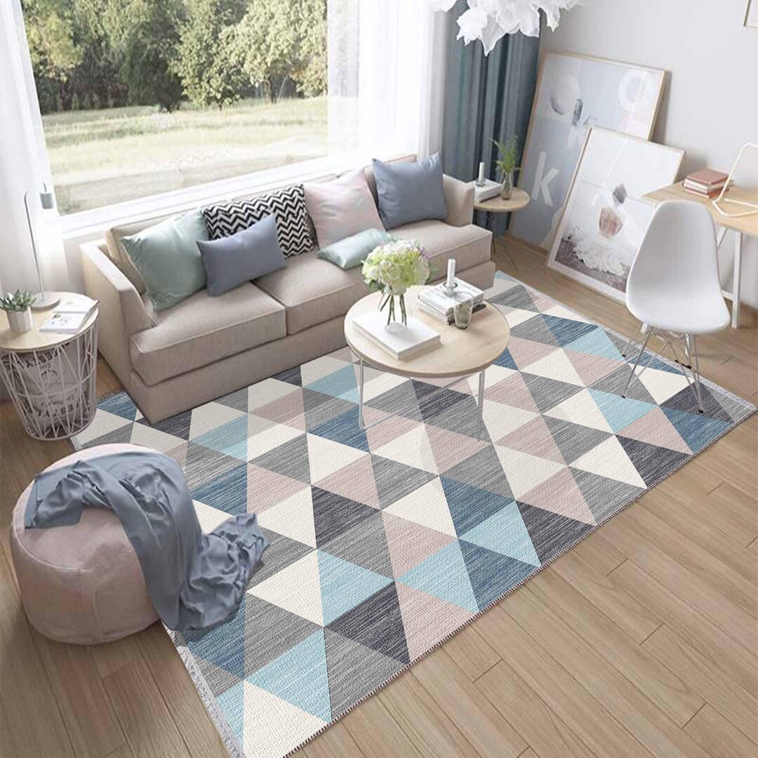 Blue Gray Triangle Geometric Rug Runner, Modern Washable Anti-slip Area ...
