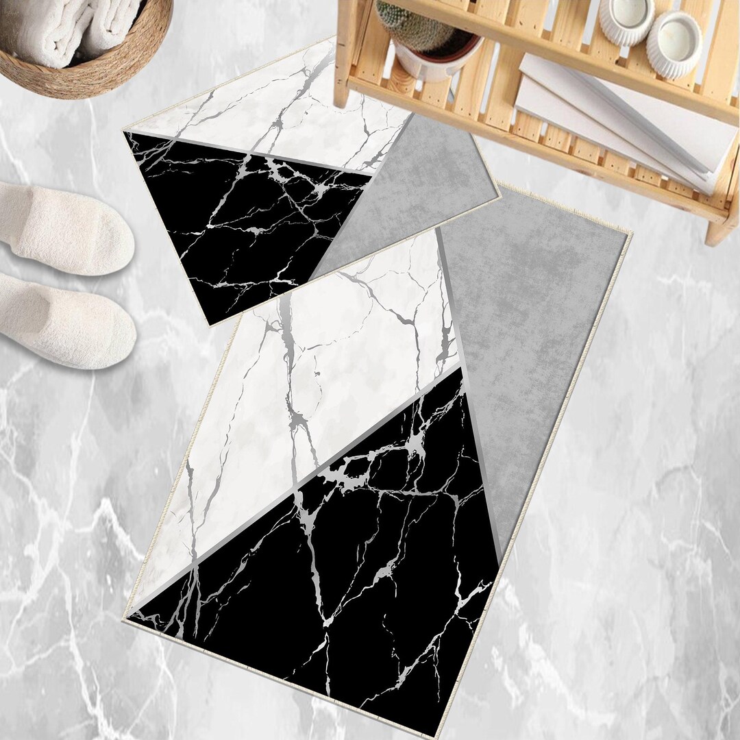 Black Gray White Marble Bathroom Rug, Geometric Non-slip Quick Dry Bath ...
