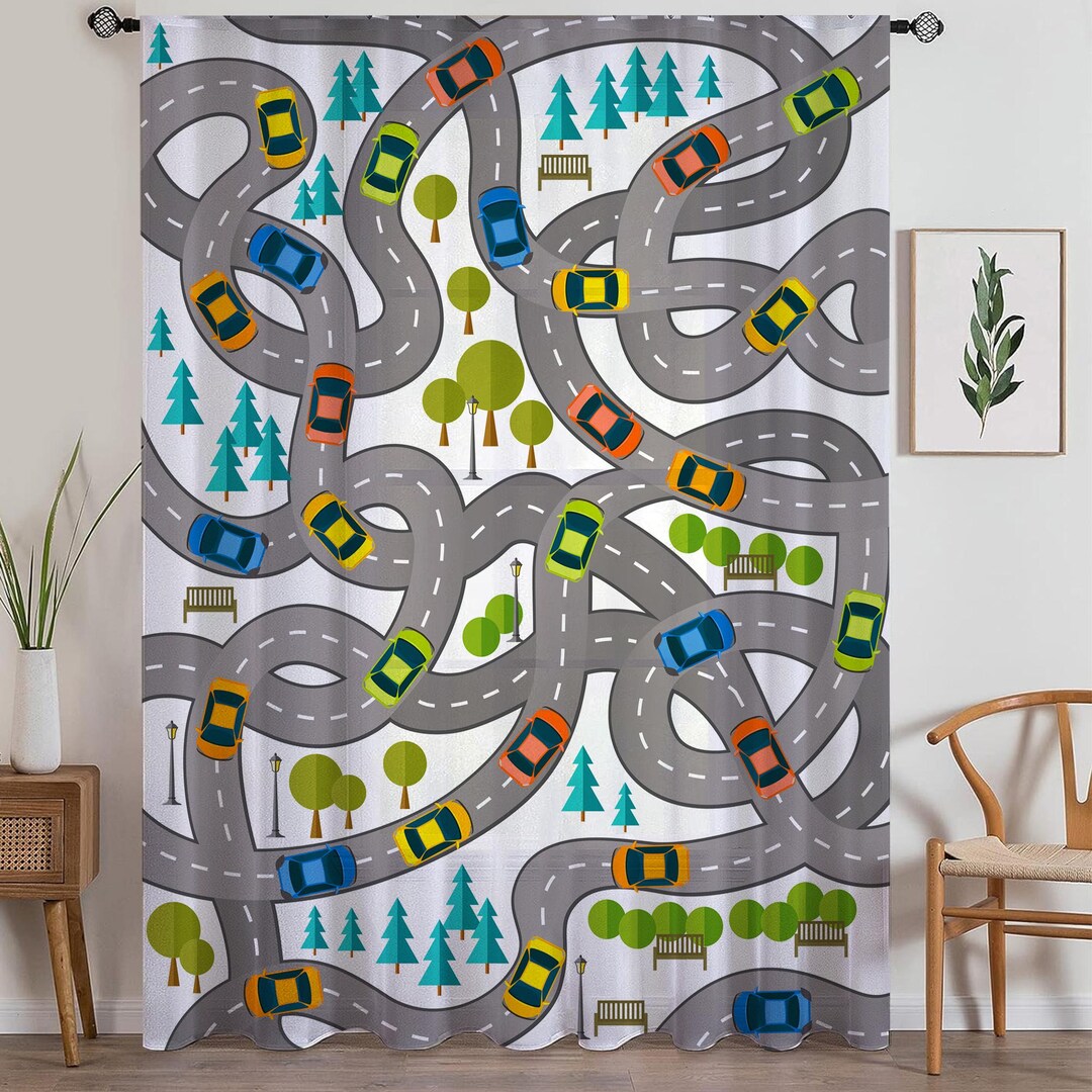City Road Map Sheer Curtain for Kids Room, Lightweight Traffic Car ...
