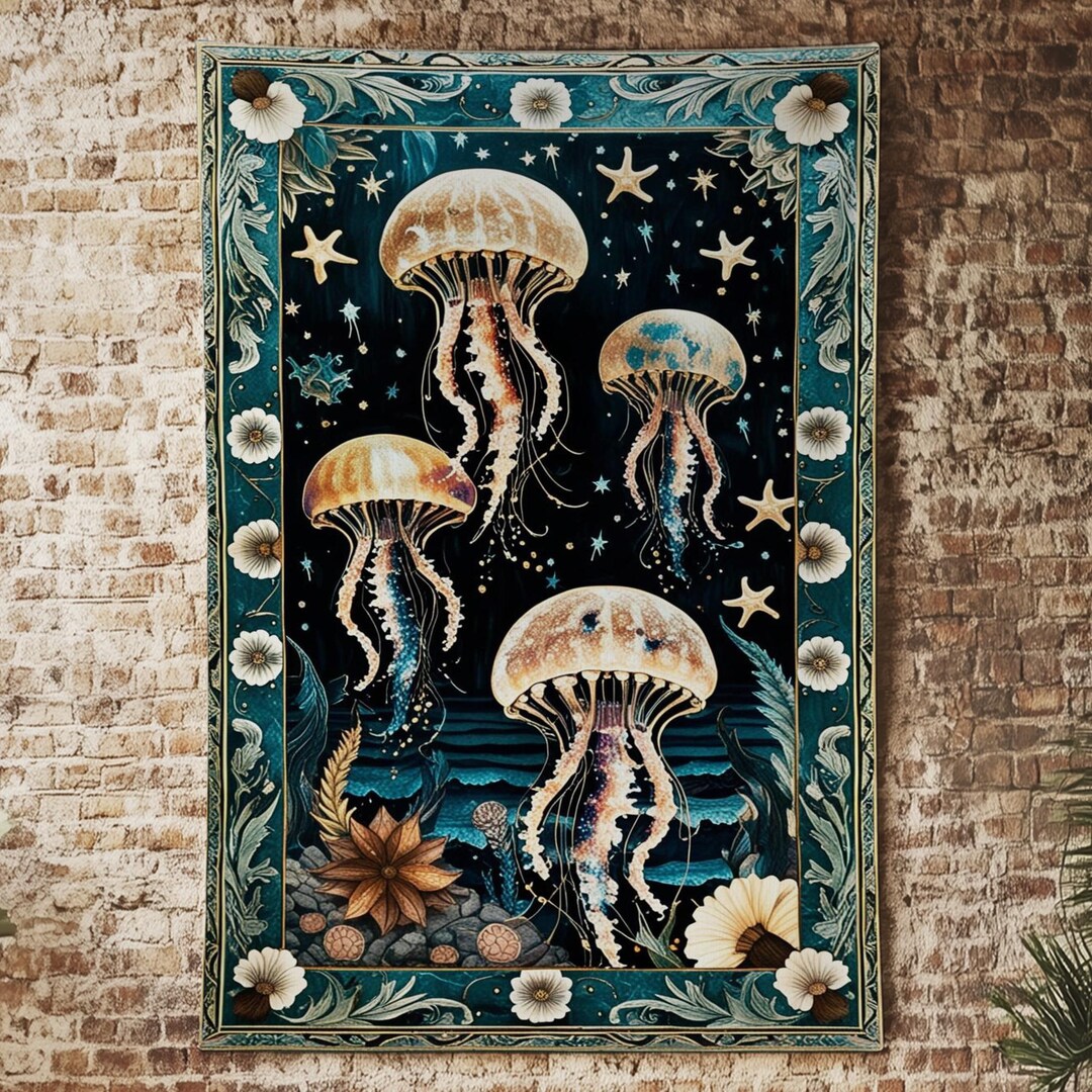 Mystical Midnight Jellyfish Oceanic Tapestry Throw Art Nouveau Coastal ...