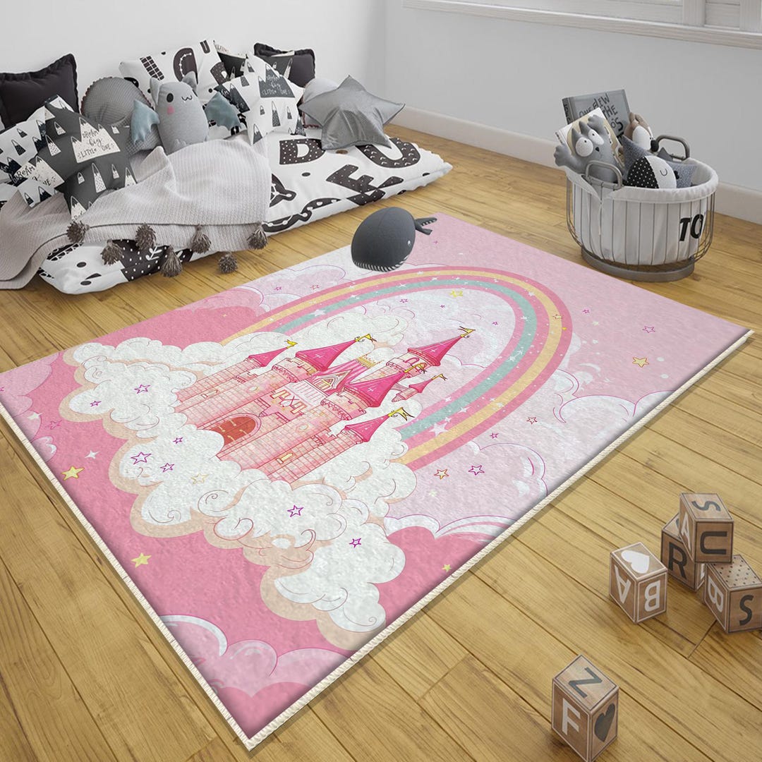 Pink Princess Castle Rainbow Nursery Rug Cute Girl Kids Room Decor ...