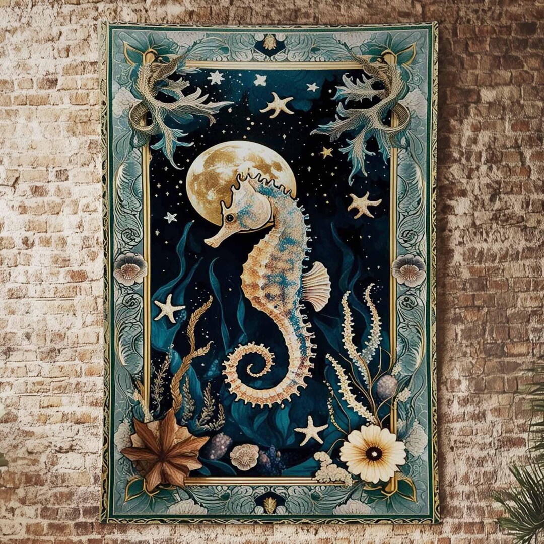 Mystical Midnight Moon Sea Horse Oceanic Tapestry Throw Art Nouveau Coastal Cottagecore ...