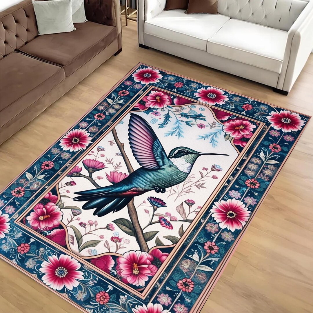 Cottagecore Rug With Hummingbird Art for Rustic Home Decor, Pink and ...