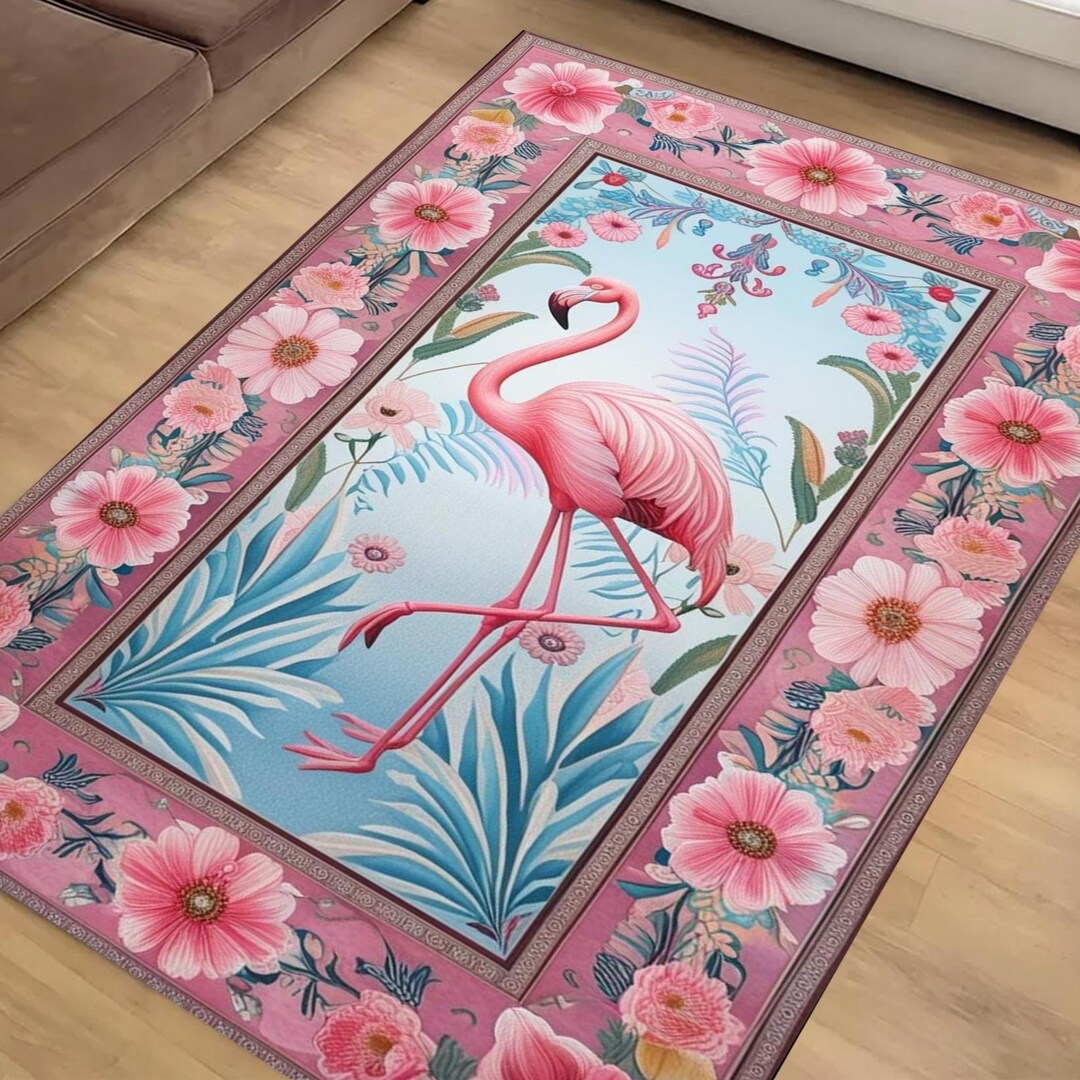 Flamingo Patio Rug With Persian Border, Pink Bird Animal Art Deco ...