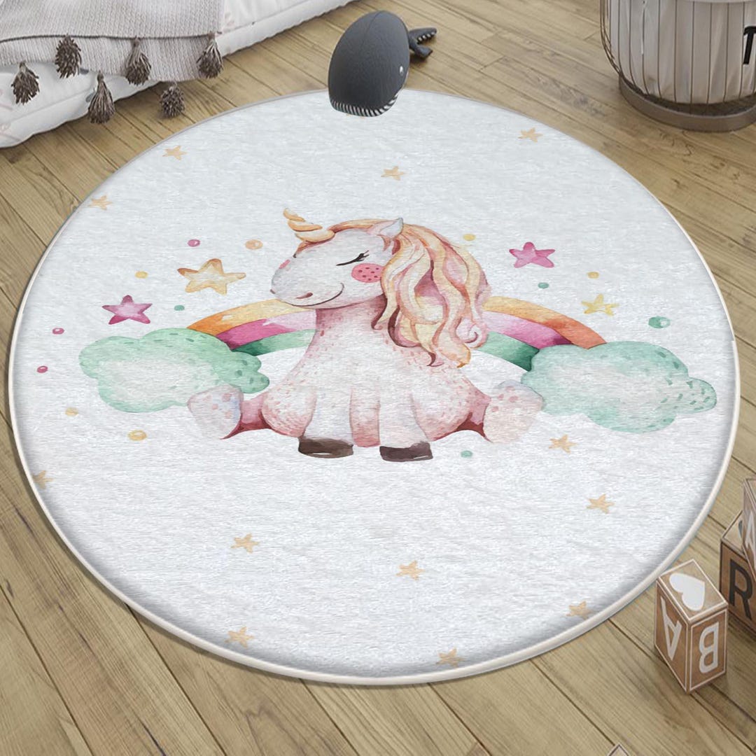 Round Unicorn Rainbow Rug for Kids Room Nursery Decor With Pillowcase ...