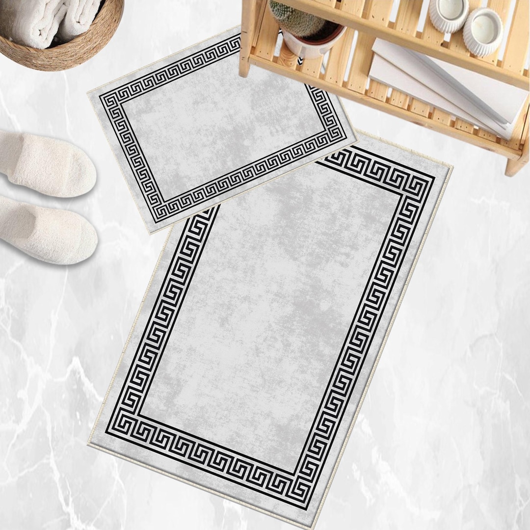 Greek Key Bathroom Rug, Gray Black White Non Slip Bath Mat, Quick Dry ...