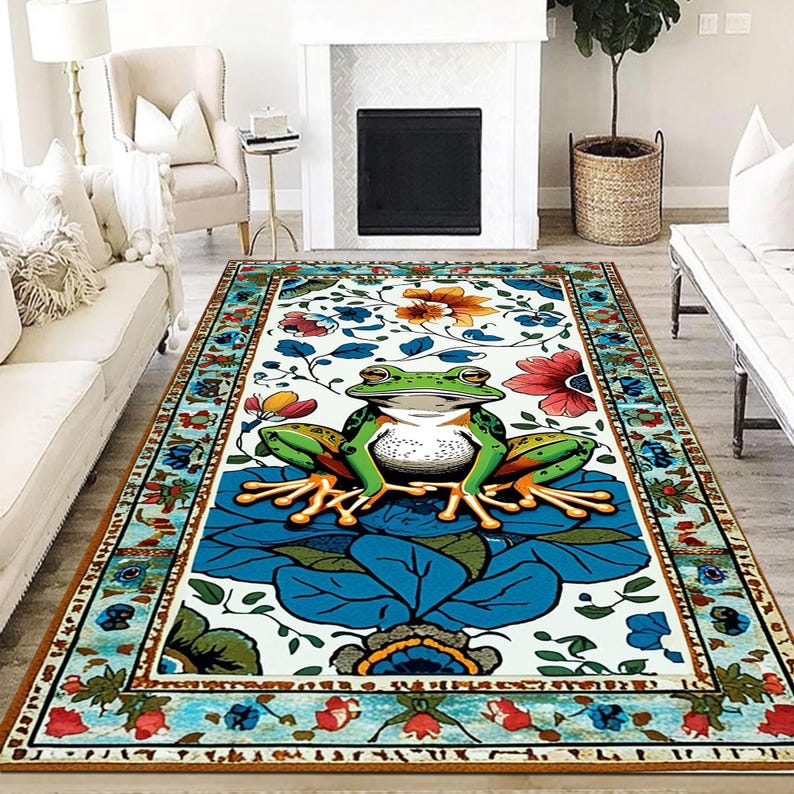 Cottagecore Frog Rug for Kids Room, Whimsical Toad & Jungle Frog Floral ...