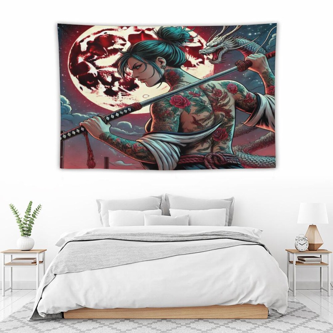 Samurai Warrior Tapestry Japanese Art With Moon, Dragon Floral Tattoo ...