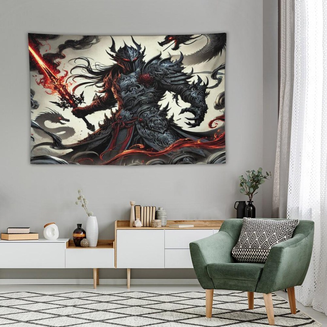 Epic Dark Knight Tapestry Fiery Warrior With Dragon, Gothic Wall Art ...
