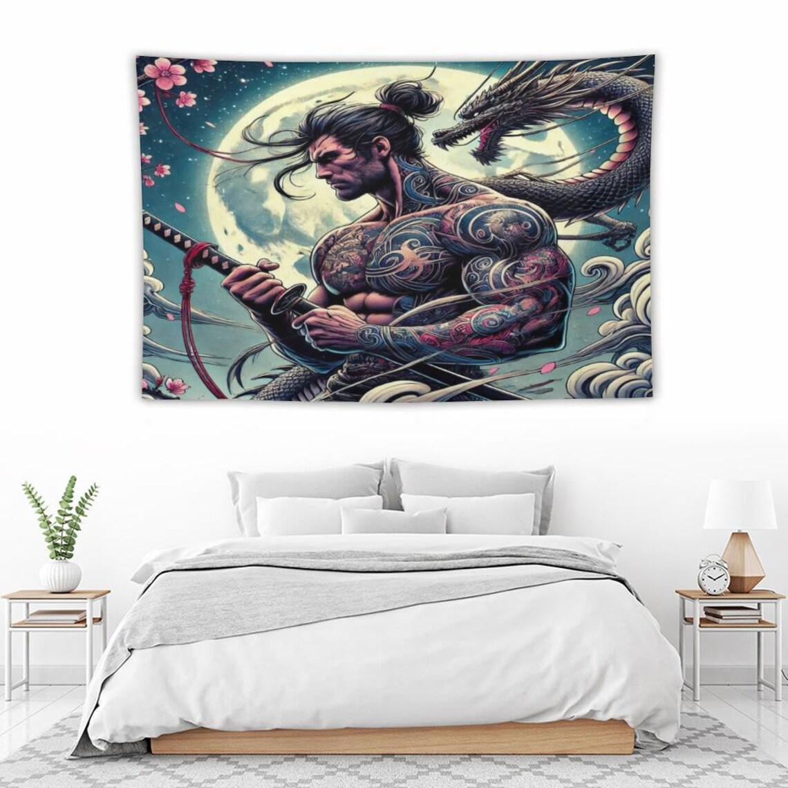 Samurai and Dragon Wall Tapestry ,japanese Warrior Art , Full Moon ...