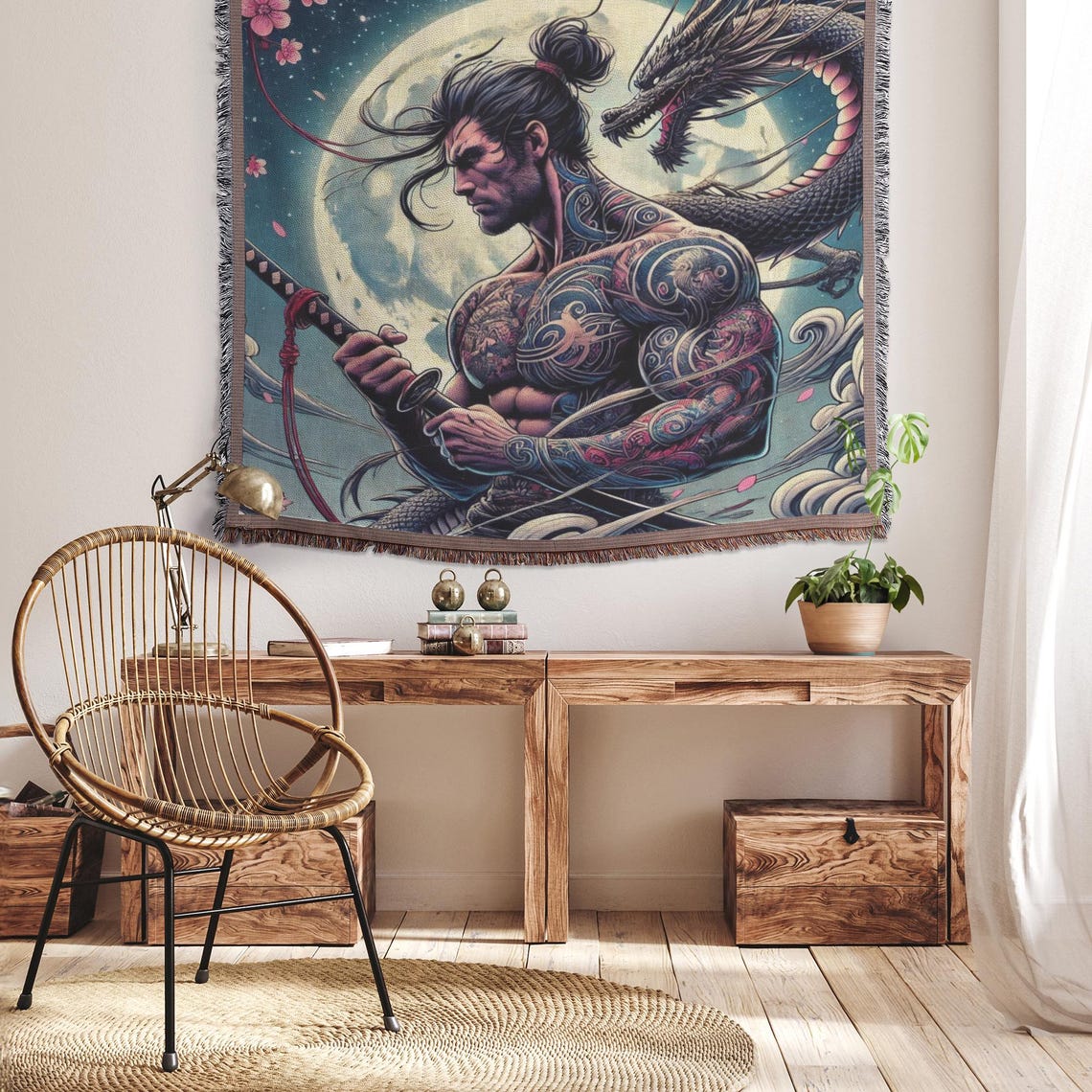 Samurai and Dragon Wall Tapestry ,japanese Warrior Art , Full Moon ...