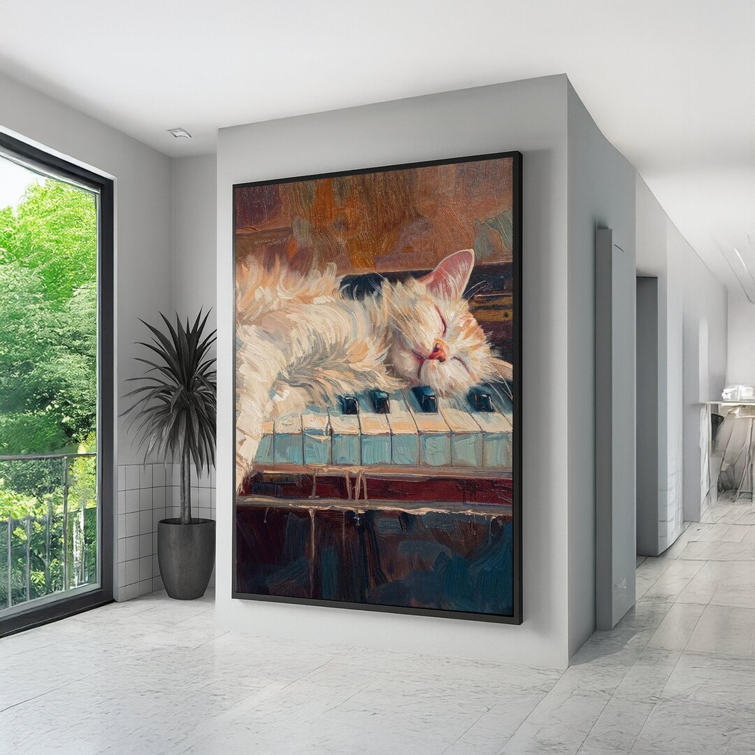 Sleeping Cat on Vintage Piano Keys Canvas, Cozy Cat Wall Art, Animal ...