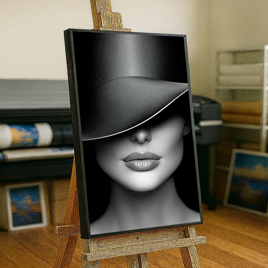 Elegant Woman in Wide Brim Hat Canvas, Black and White Portrait Wall ...