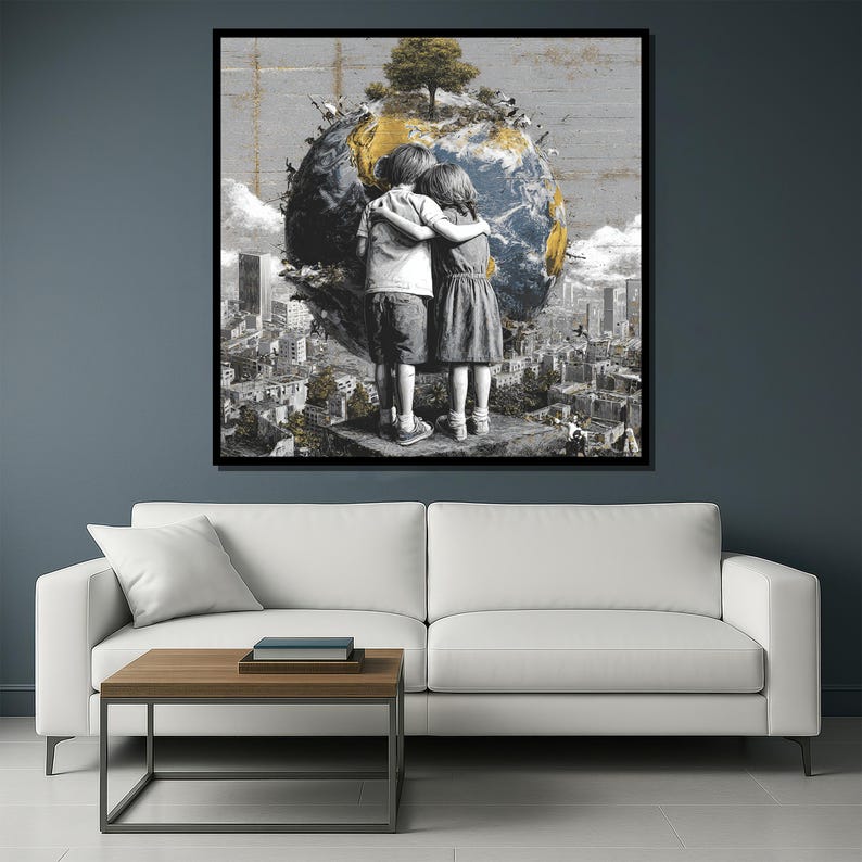 Children Hugging Earth Canvas Painting Emotional World Peace Wall Art ...
