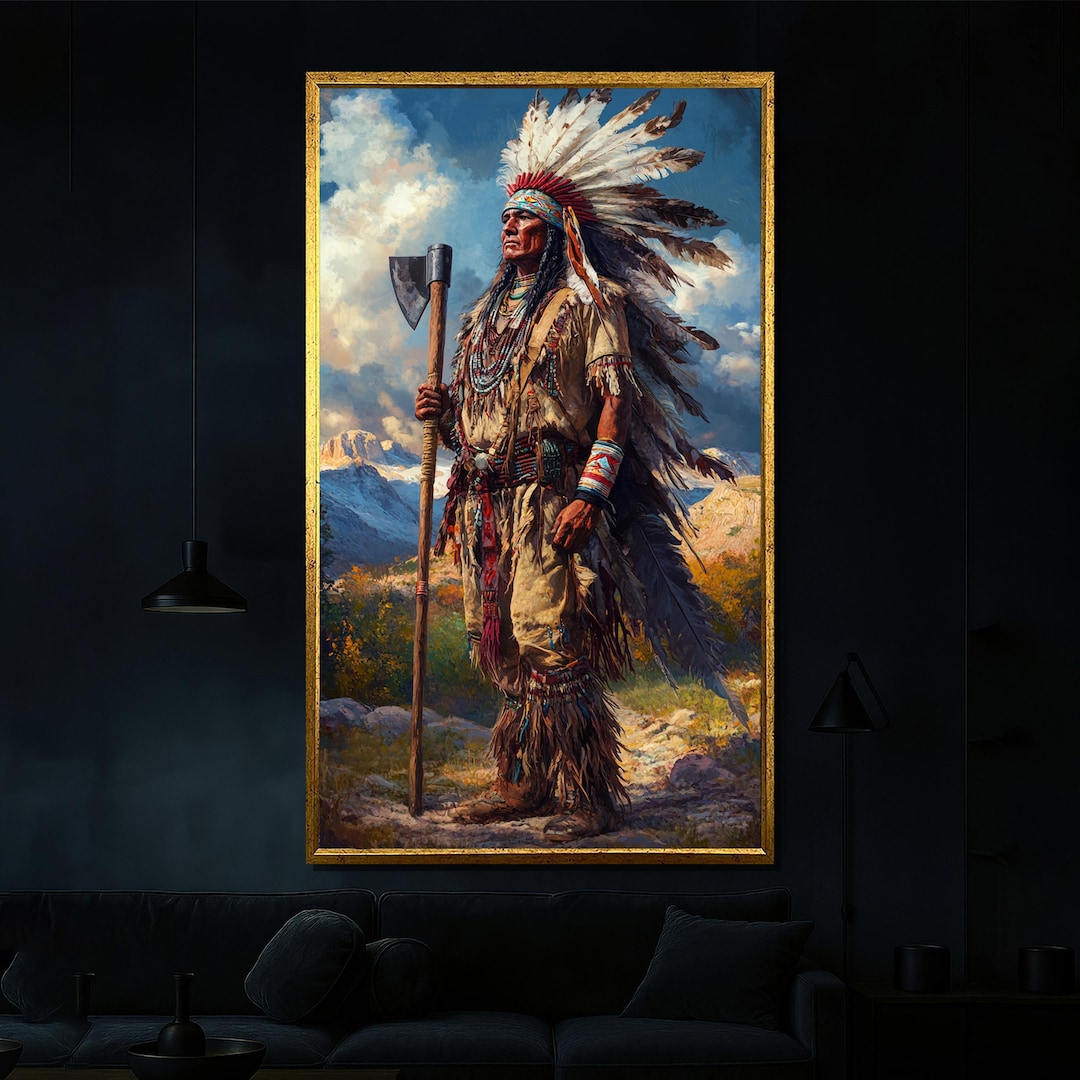 Native American Chief Canvas Painting, Tribal Leader With Tomahawk Wall ...