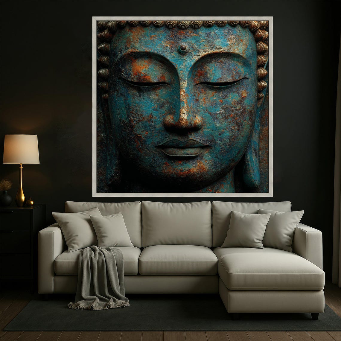 Tranquil Buddha Face Canvas, Rustic Blue Statue Wall Art, Meditation ...