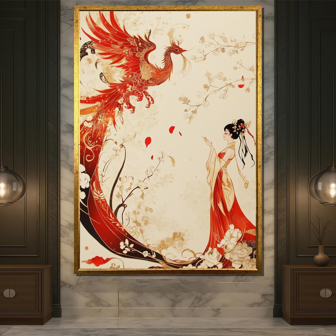 Red Phoenix and Oriental Woman Canvas Art, Elegant Mythical Bird Wall ...