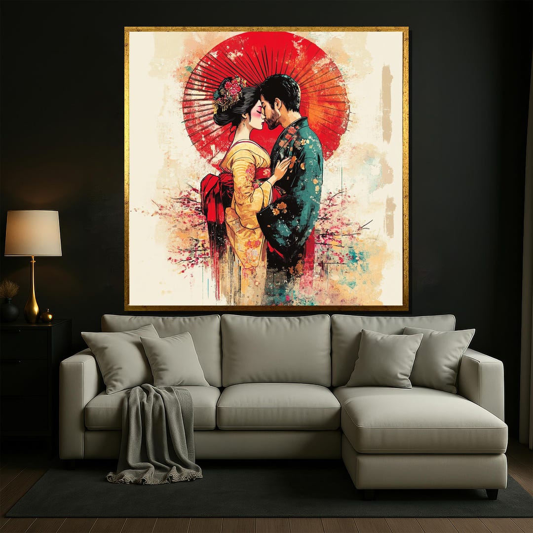 Japanese Couple in Love Canvas Wall Art, Traditional Kimono Romance ...