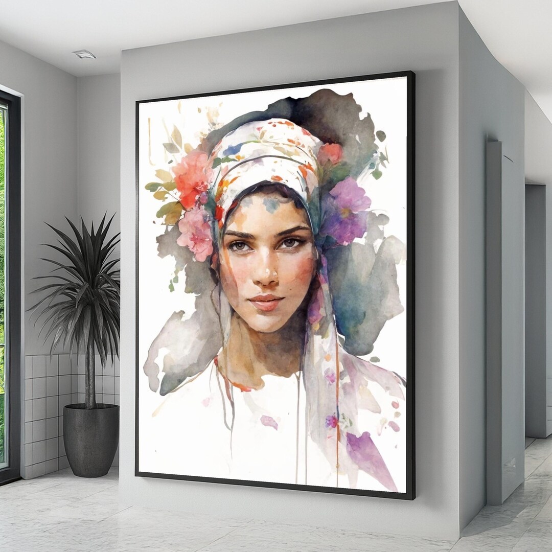 Elegant Woman Portrait Canvas, Watercolor Floral Headscarf Art ...
