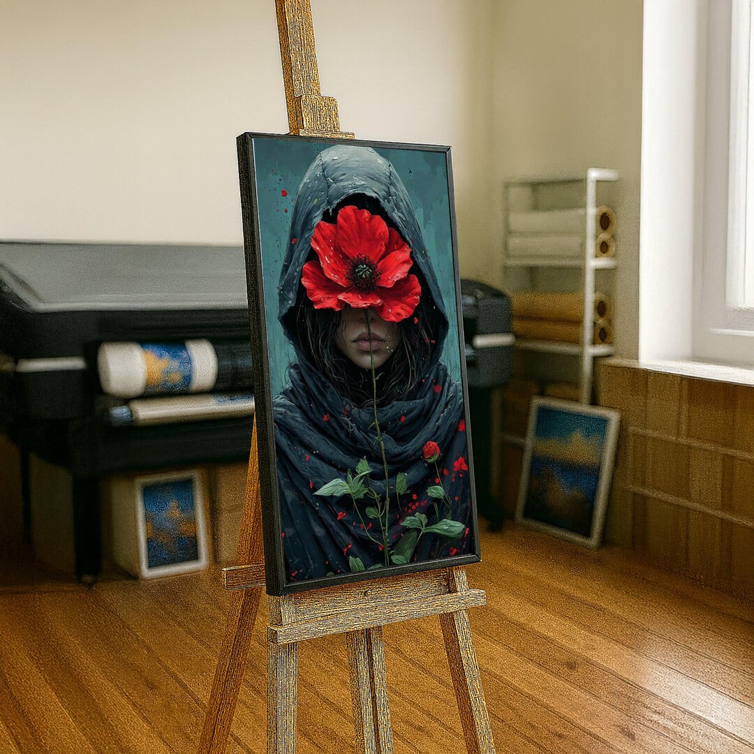 Mysterious Woman With Red Poppy, Dark Hooded Figure Canvas, Bold Floral ...