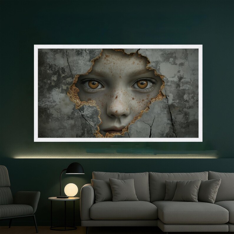 Face Peeking Through Cracked Wall Canvas, Realistic Eyes Portrait Art ...