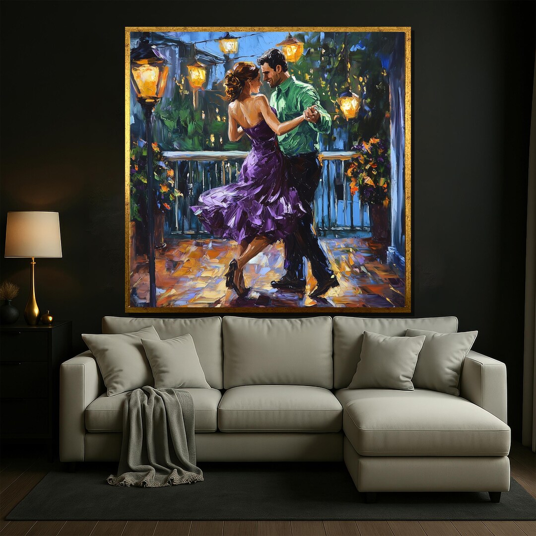 Romantic Couple Dancing Under Streetlights Canvas Wall Art, Purple ...