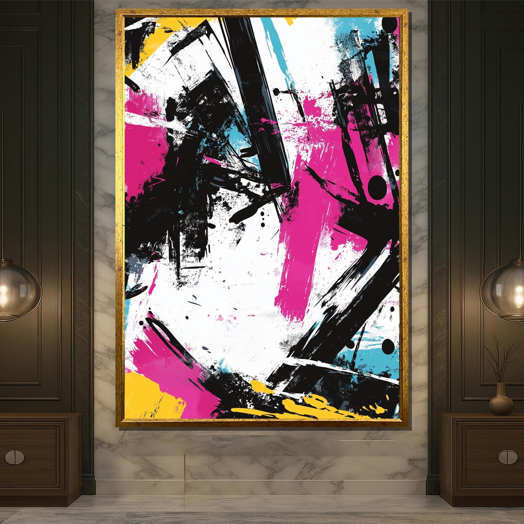 Bold Abstract Canvas Painting, Color Splash Wall Art With Pink and ...