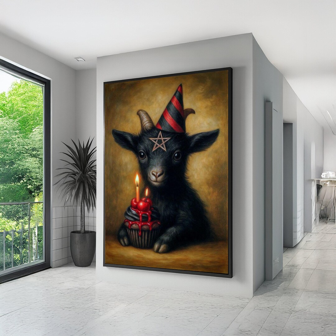Whimsical Black Goat With Witch Hat, Birthday Cupcake Canvas, Gothic ...