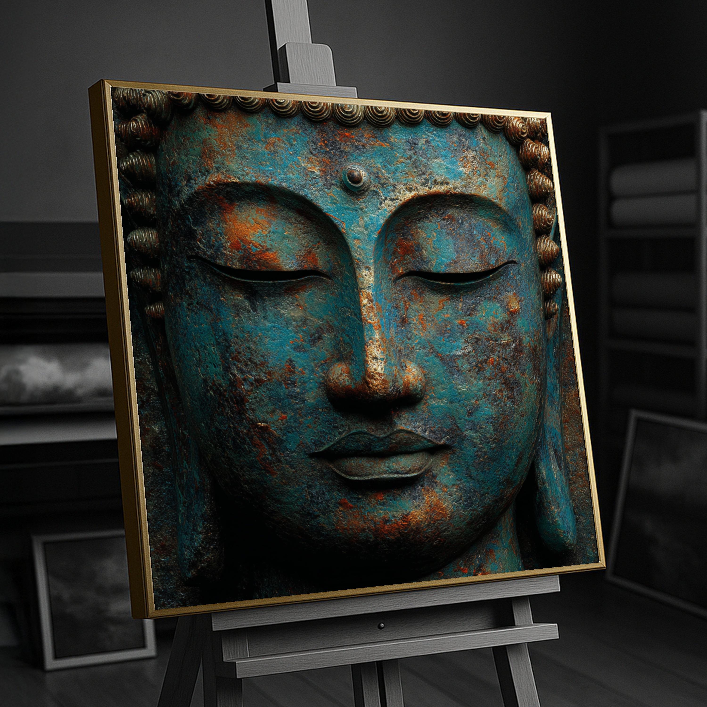 Tranquil Buddha Face Canvas, Rustic Blue Statue Wall Art, Meditation ...
