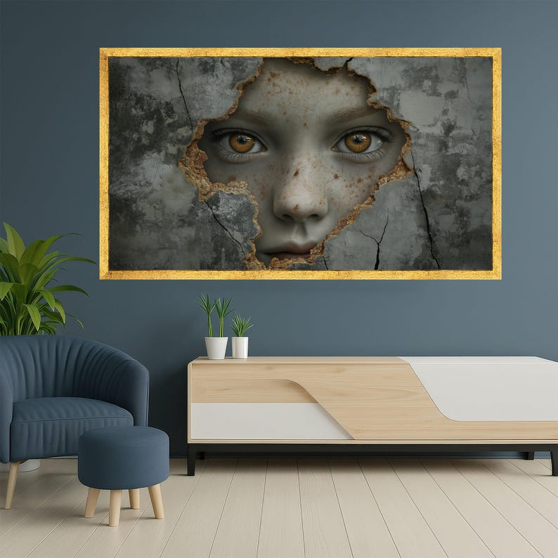Face Peeking Through Cracked Wall Canvas, Realistic Eyes Portrait Art ...