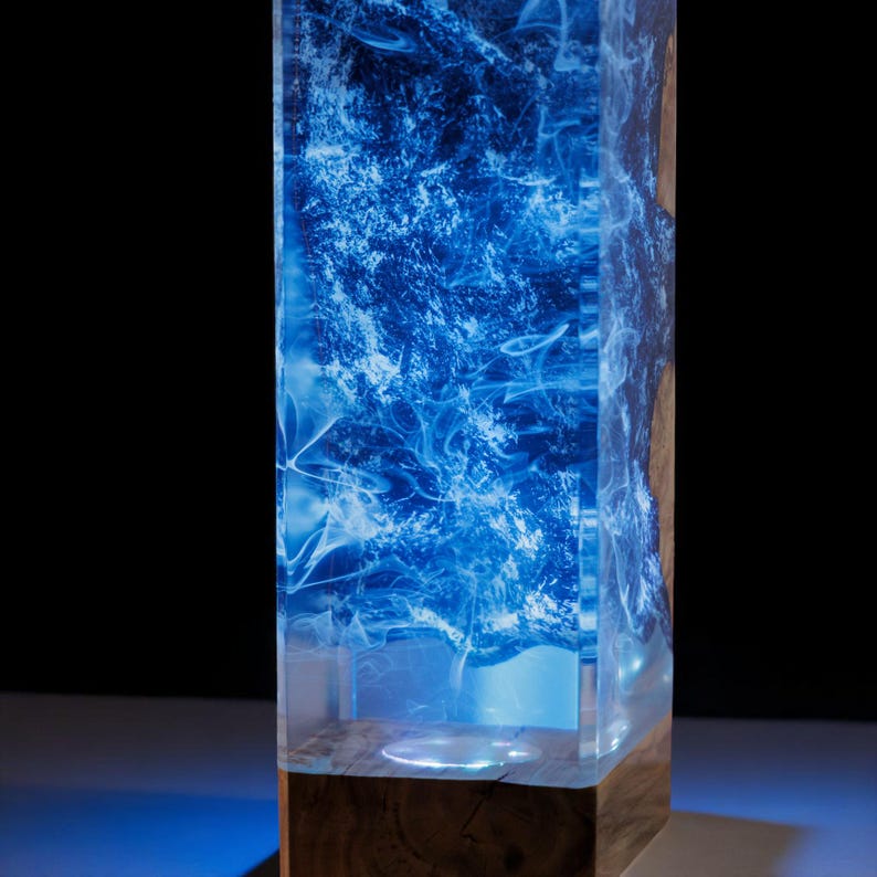 Handmade Epoxy Resin Lamp: Ocean Mist LED Night Light, Wood Base - Etsy