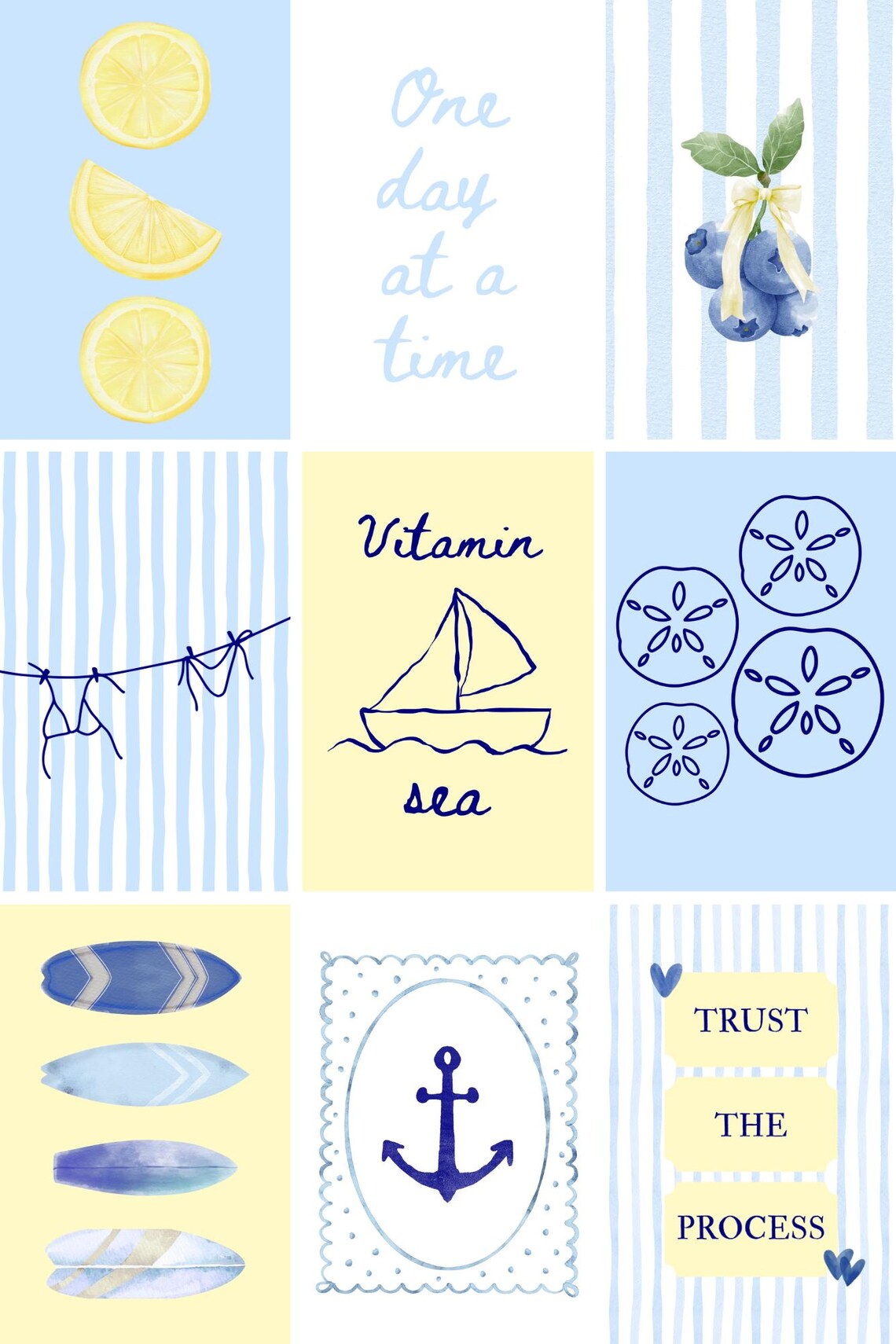 Coastal Gallery Wall Art Set, Blue Yellow Beach Prints (20 Picture ...