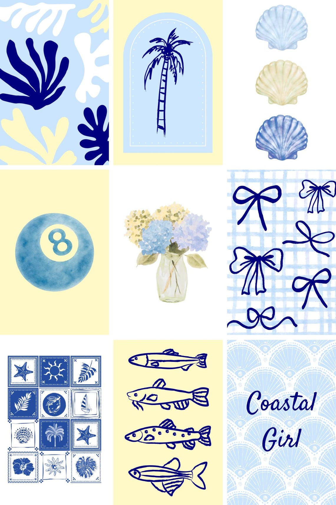 Coastal Gallery Wall Art Set, Blue Yellow Beach Prints (20 Picture ...