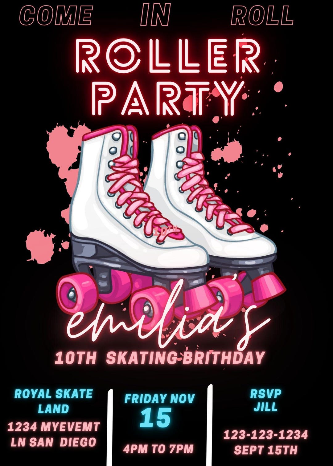 Emilia Roller Skating Party Flyer Made With Canva and Editable - Etsy